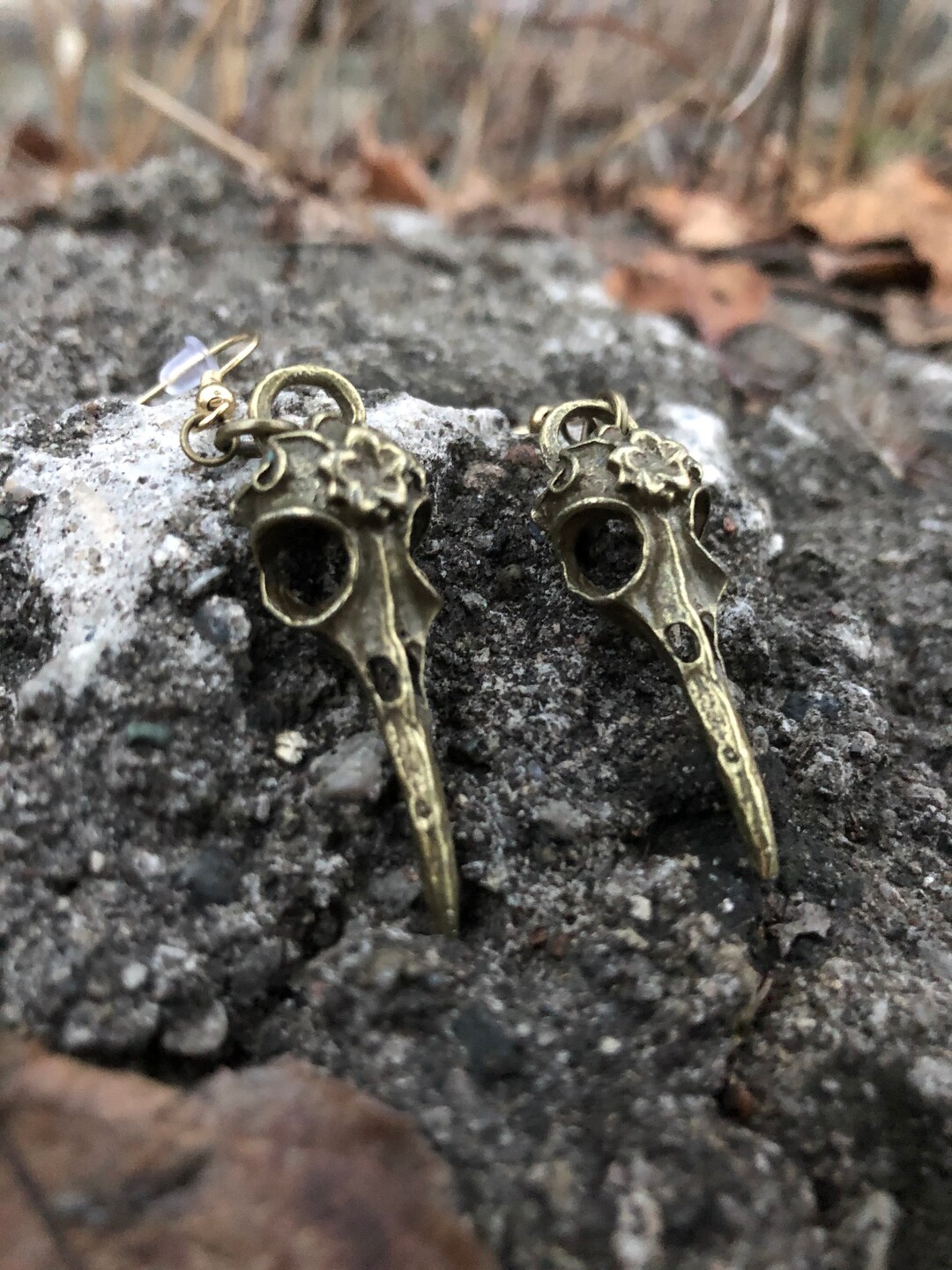 Funky Antique Golden Crow or Raven Skull Earrings, Kitsch Goth Dangle ...