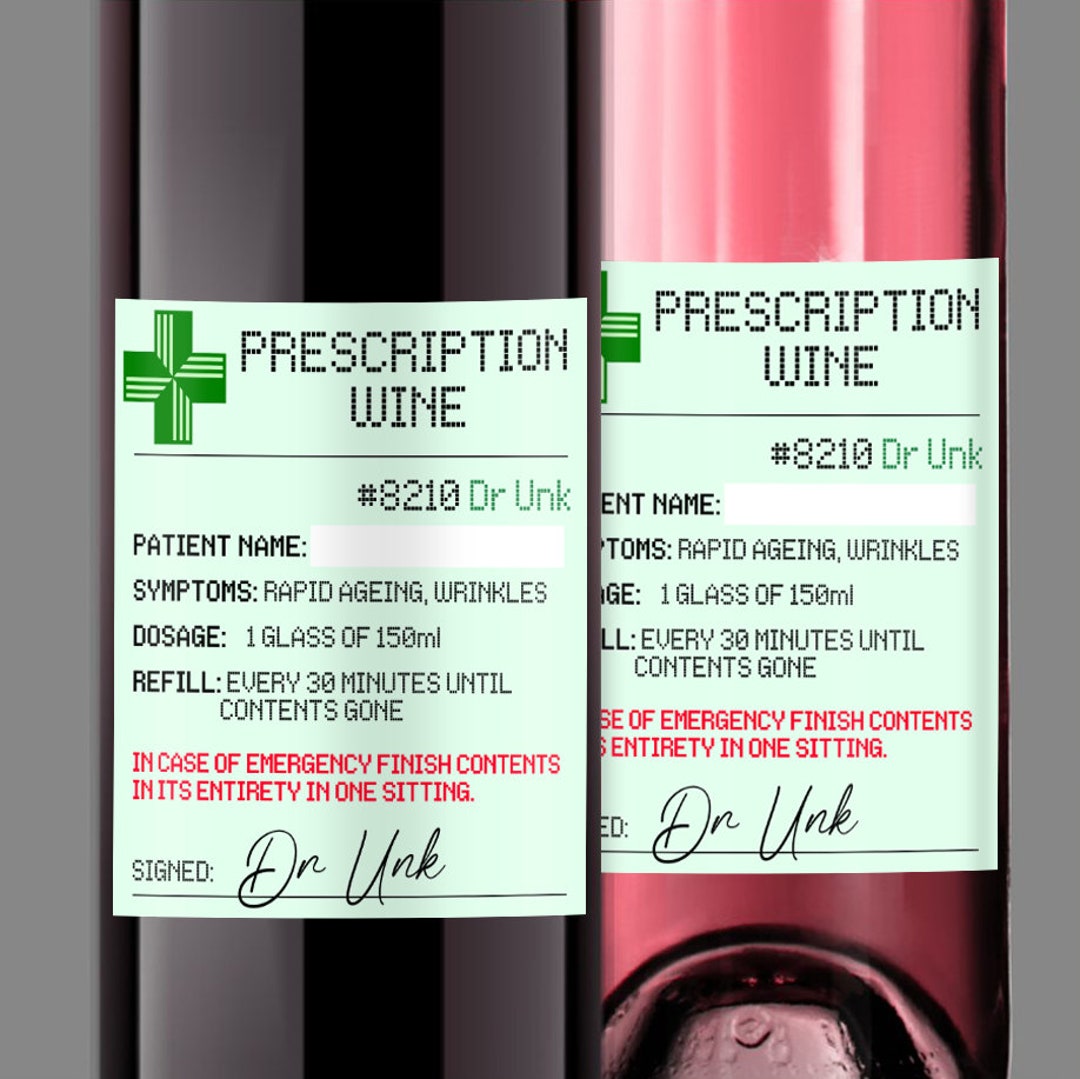 Prescription Wine Labels, Funny Prescription Prosecco Label, Birthday ...