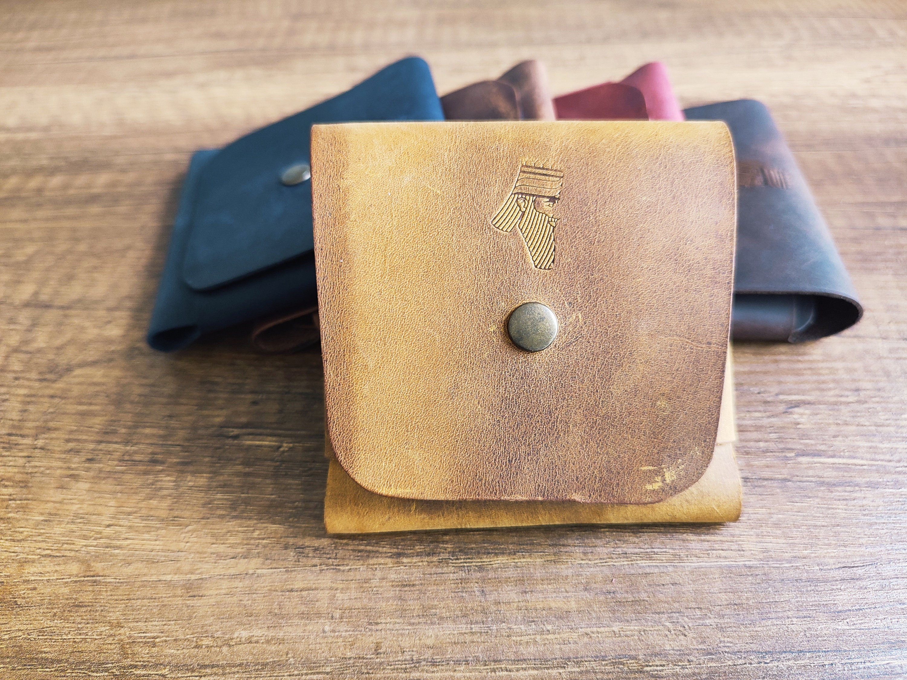 Leather Wallet Minimalist Square Cat Yellow - High-quality Handmade ...
