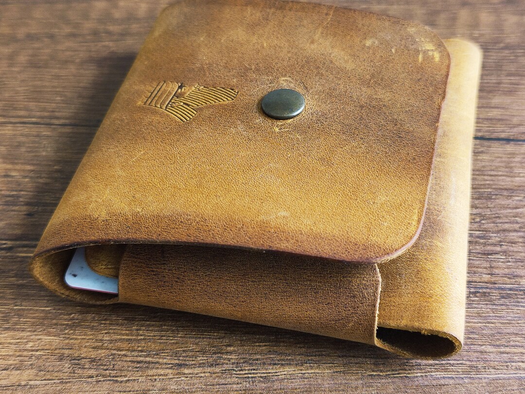 Leather Wallet Minimalist Square Cat Yellow - High-quality Handmade ...