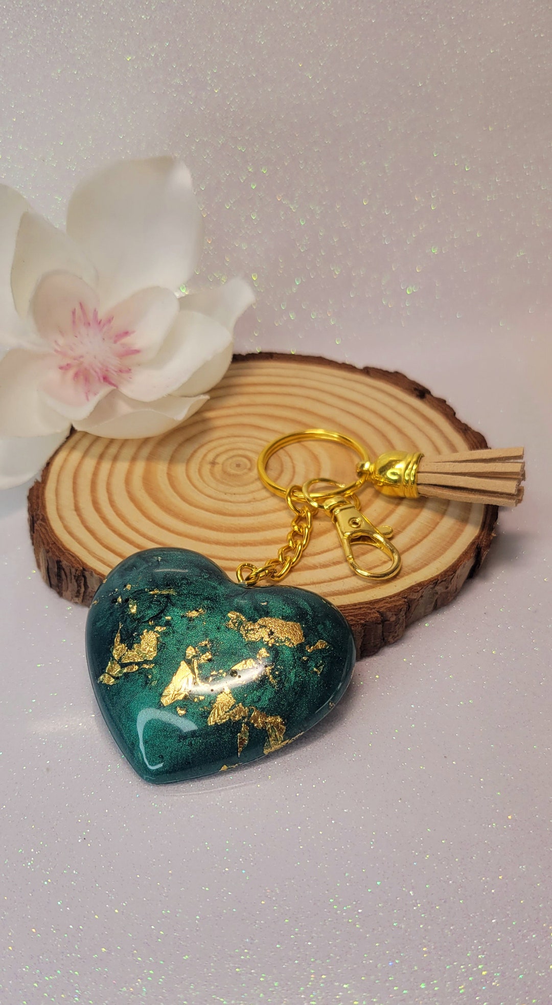 Dark Emerald Green Keychain, Heart Keychain, Emerald Green and Gold ...