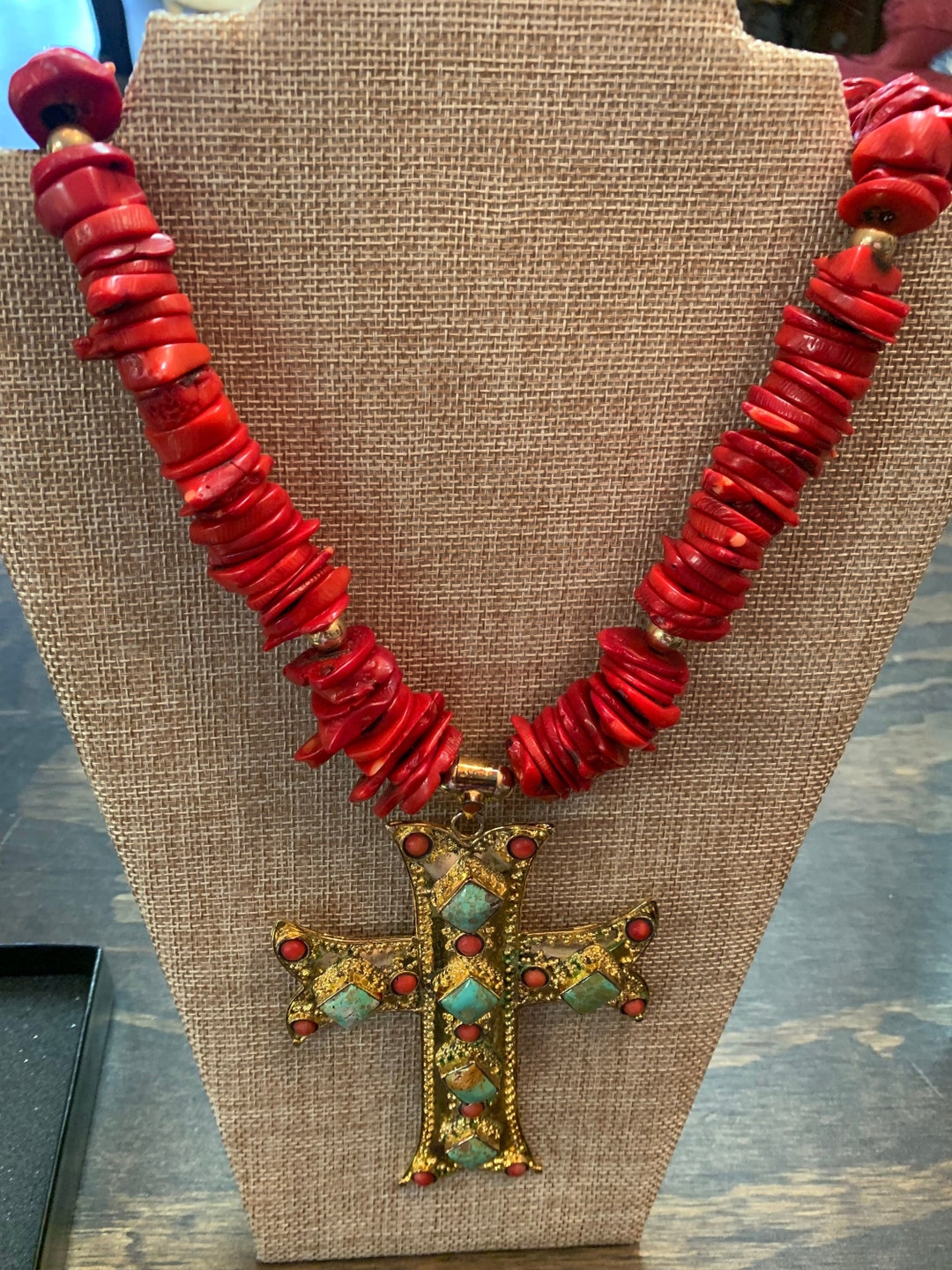 Red Coral W/ Green Turquoise Cross Necklace - Etsy