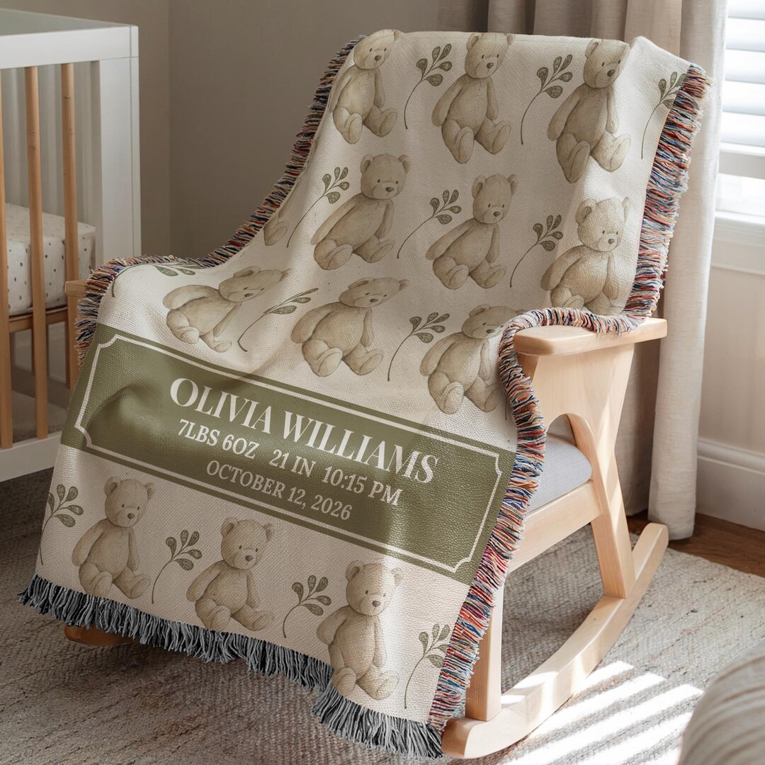 Personalized Woven Teddy Bear Baby Blanket, Custom Neutral Throw ...