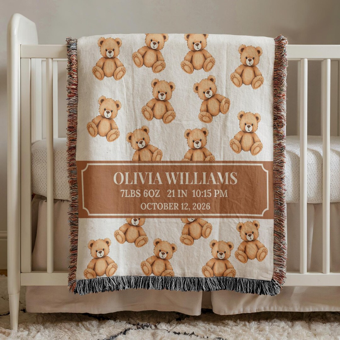 Personalized Vintage Woven Teddy Bear Baby Blanket, Custom Neutral ...