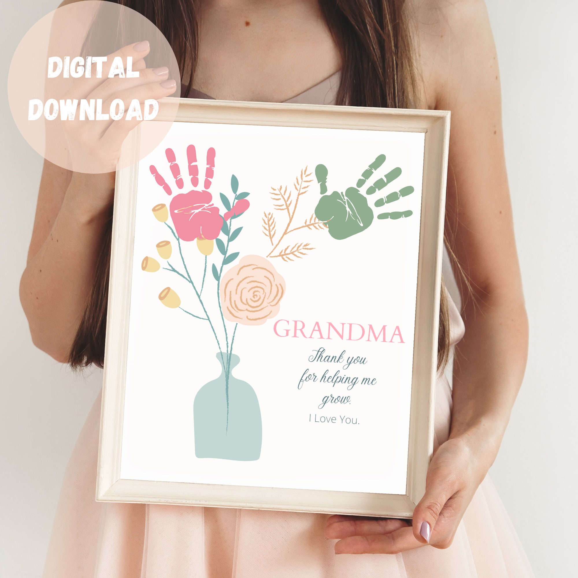 Grandma Mothers Day Handprint Print Floral Bouquet, Thank You for ...