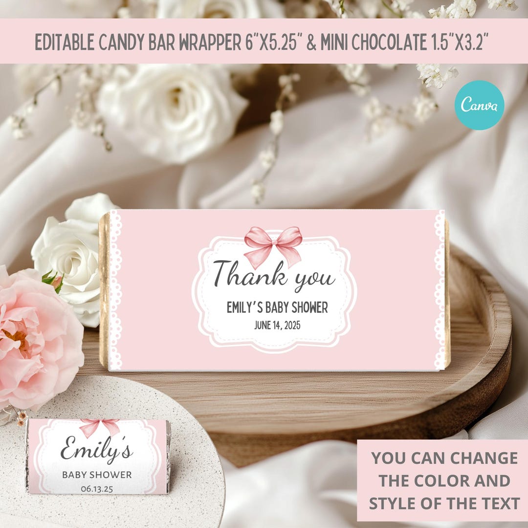 Pink Bow Baby Shower Hershey Bar Wrapper Printable Canva, Baby Girl ...