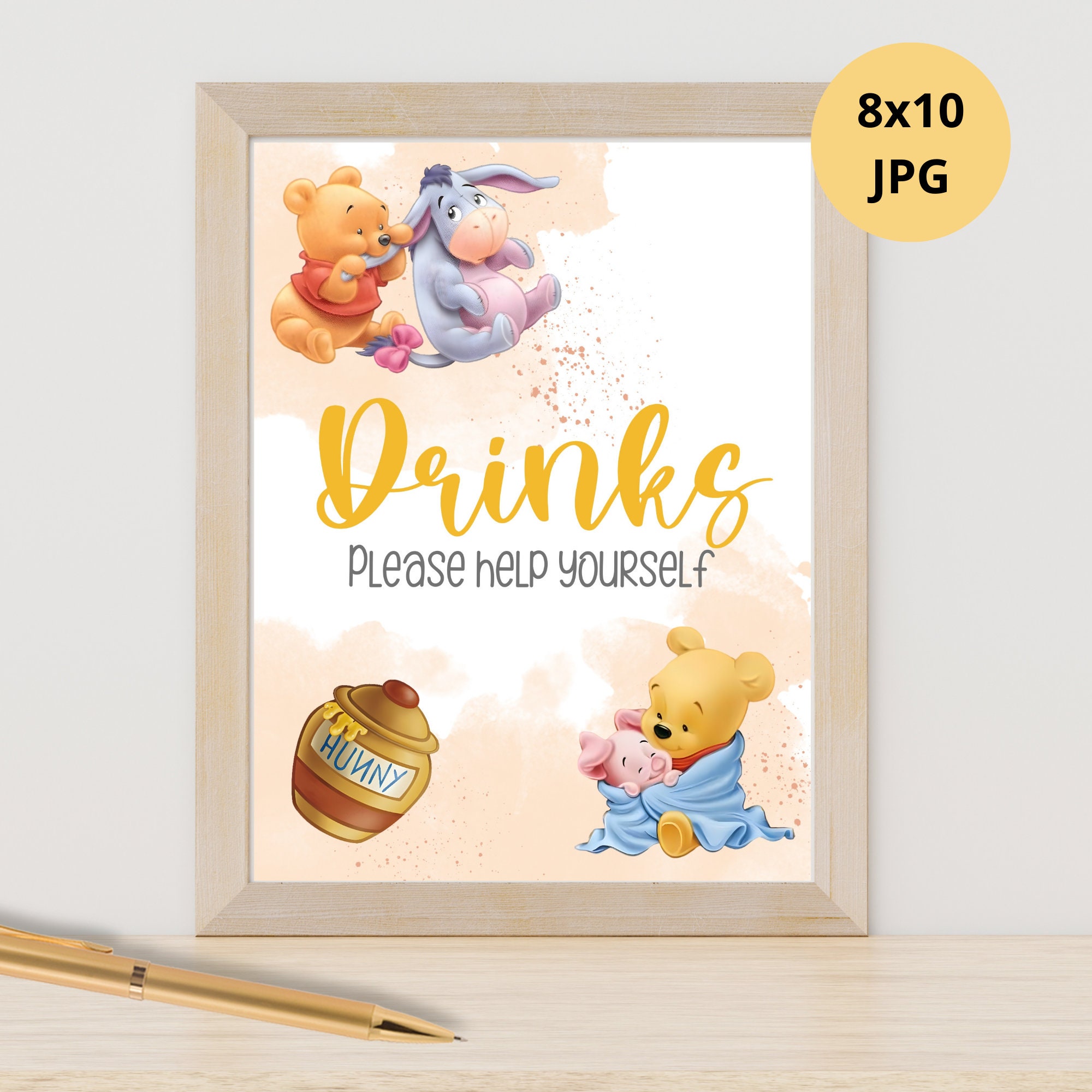 Drinks Sign, Classic Winnie the Pooh, for Birthday or Baby Shower Table ...