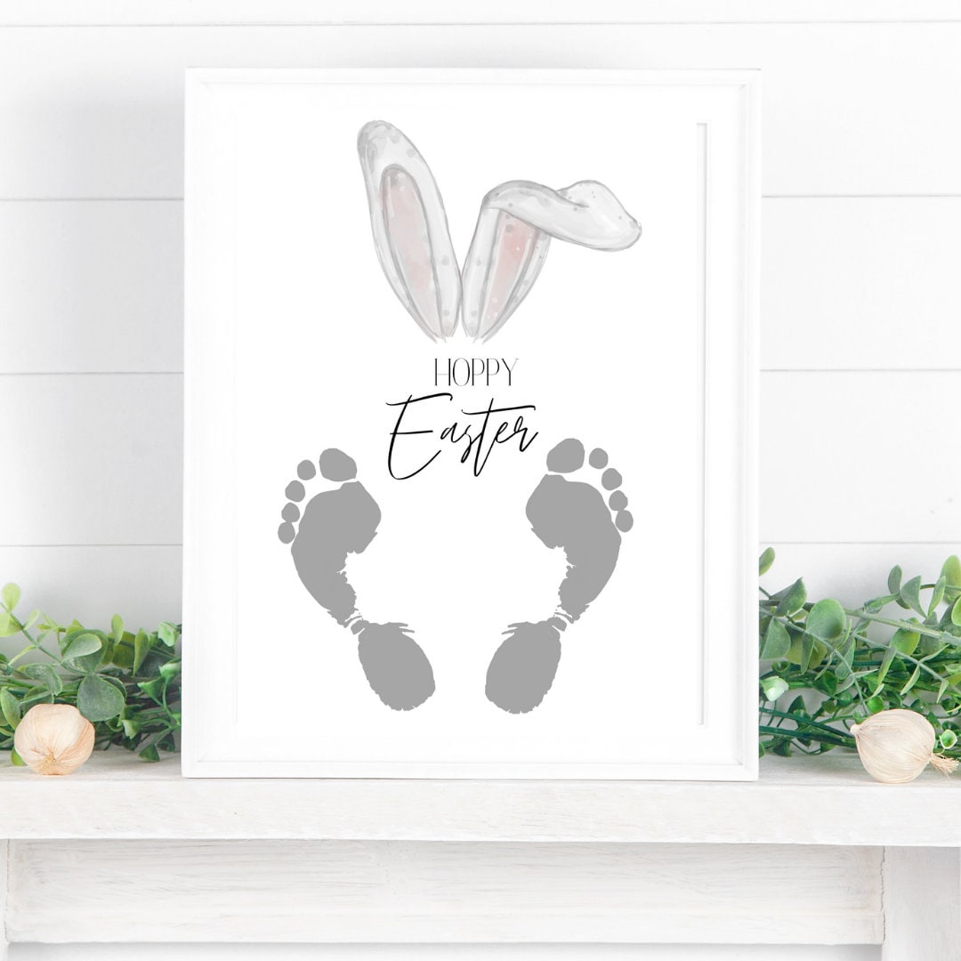 Hoppy Easter, Bunny Baby Footprint Art, Hoppy Easter Grey, Cute Ears ...
