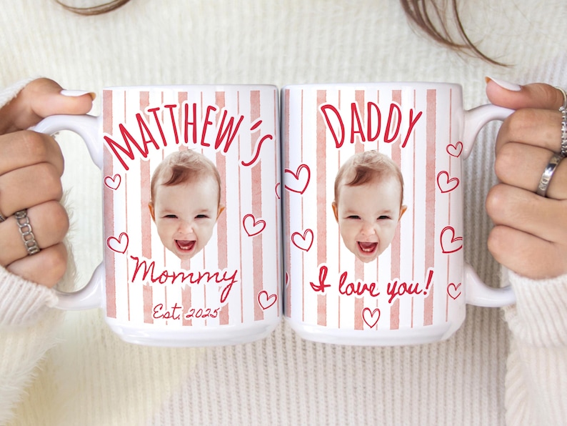 Custom Baby Face Mug, Stripe New Parent Mug With Kids Photo, Gift for ...