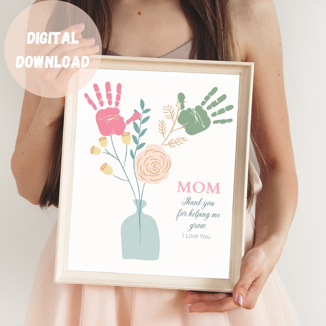 Mothers Day Handprint Art Print Floral Bouquet, Mom Thank You for ...