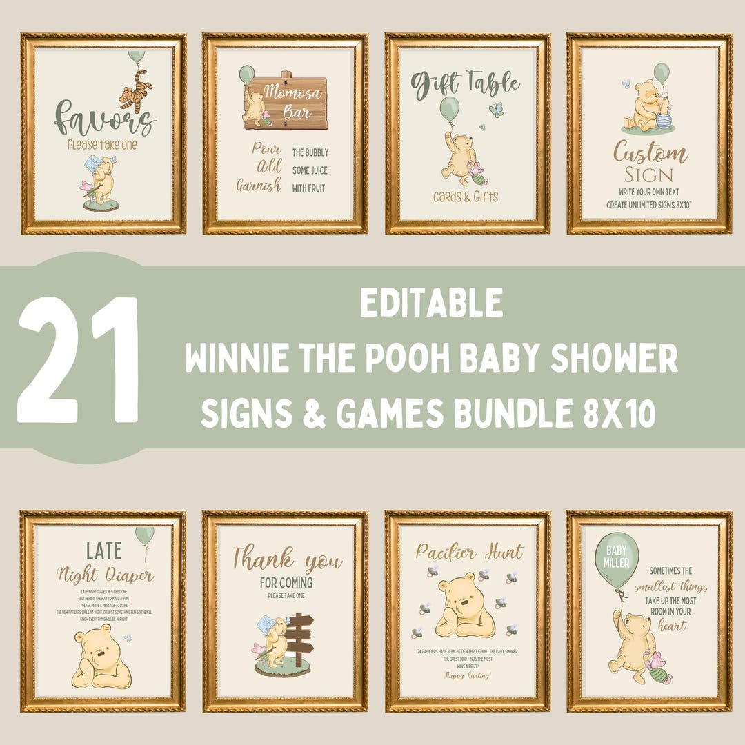 21 Classic Winnie the Pooh Baby Shower Signs Bundle, Pooh Custom Sign ...