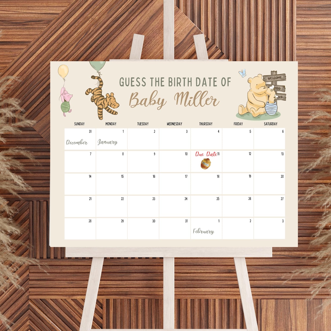 Classic Winnie the Pooh Baby Shower Guess the Due Date Calendar Game Sign Printable Template ...