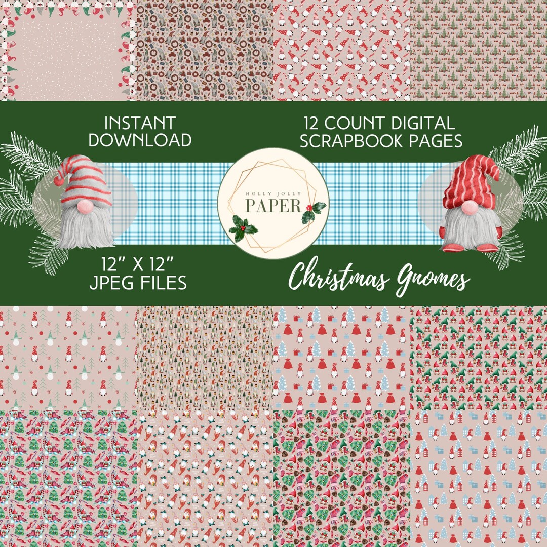 Christmas Gnomes Digital Scrapbook Paper Set Bundle of 12 Stylized ...