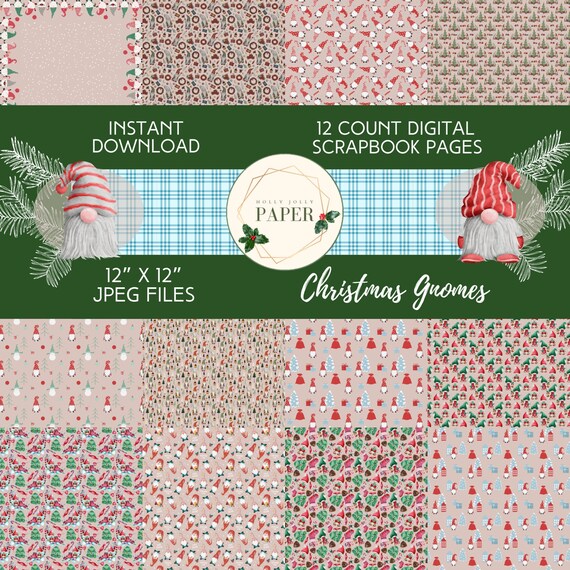 Christmas Gnomes Digital Scrapbook Paper Set Bundle of 12 | Etsy