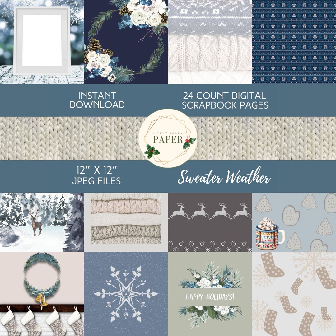 Christmas Digital Scrapbook Paper Bundle Pack Set of 24 Sweater Weather ...