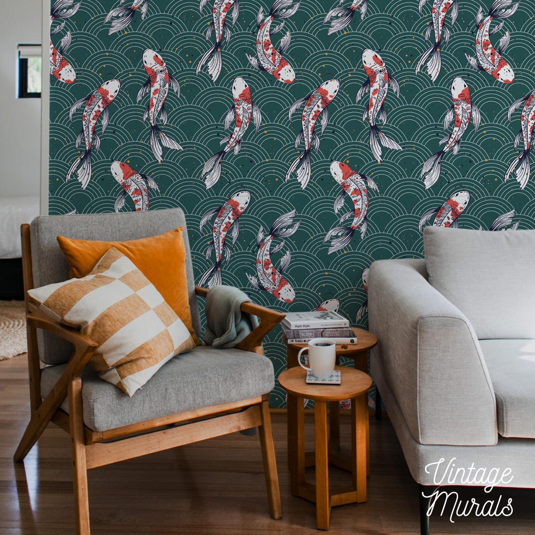 Koi Fish With Waves Peel and Stick Wallpaper, Japanese Home Decor, Zen ...