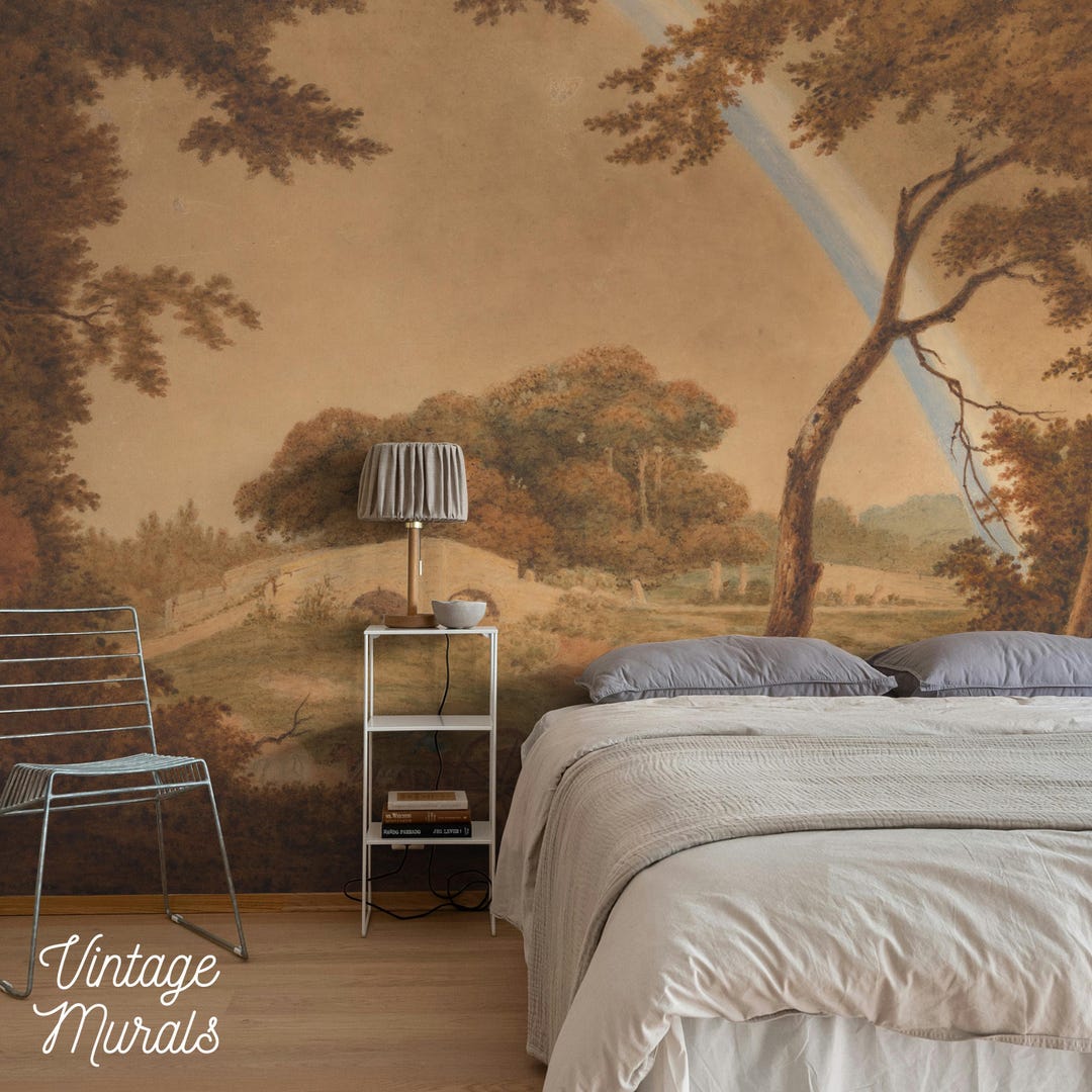 Rustic Bridge Wallpaper Mural, Vintage Countryside Rainbow Wall Art 13 ...