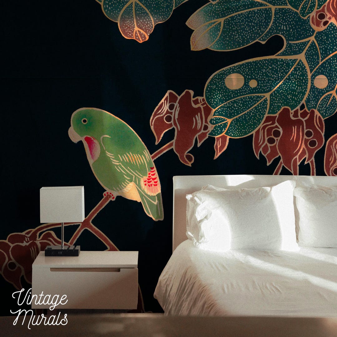 Japanese Parrot Wallpaper, Exotic Floral Bird Mural 53 - Etsy