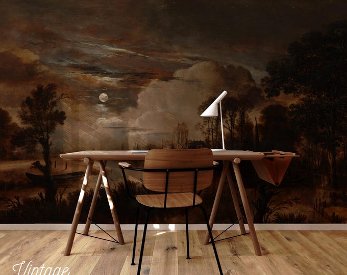 Vintage Dark Landscape Wall Mural, Self Adhesive Gothic Scenic Painting ...