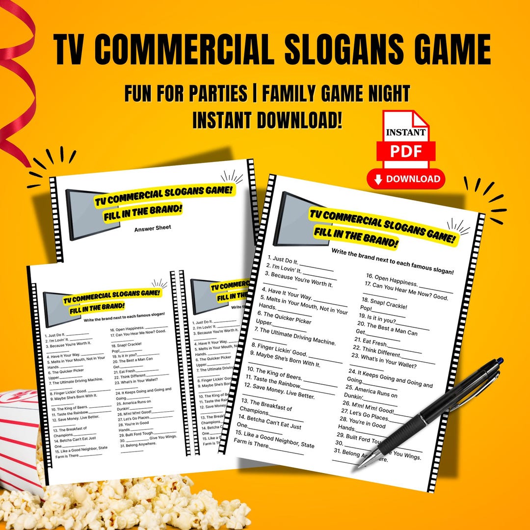 TV Commercial Slogans Game | Printable Party Game | Instant Download ...