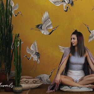 Mustard Dancing Cranes in Japanese Vintage Style Wallpaper, Chinese ...