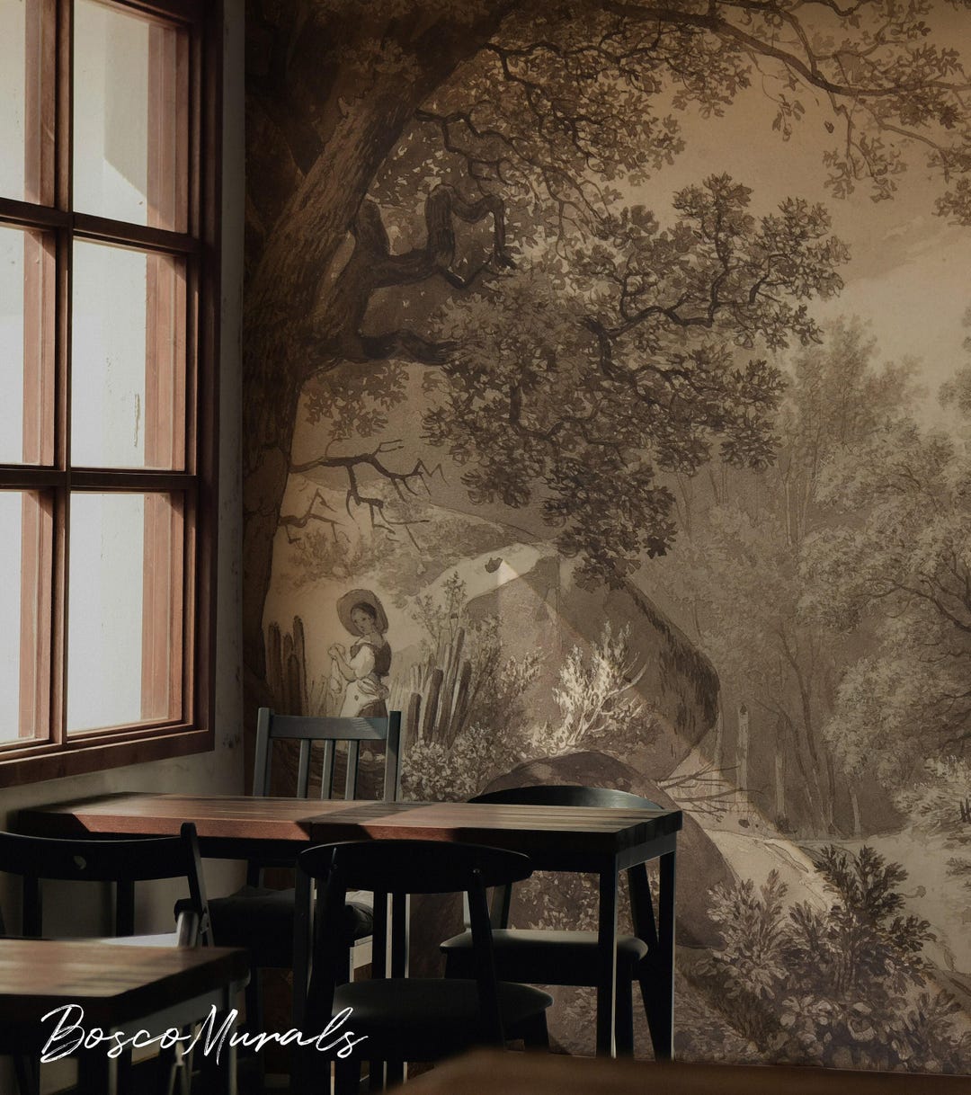 Sepia Forest Landscape Wallpaper for Woodland-themed Nursery, Peel and ...