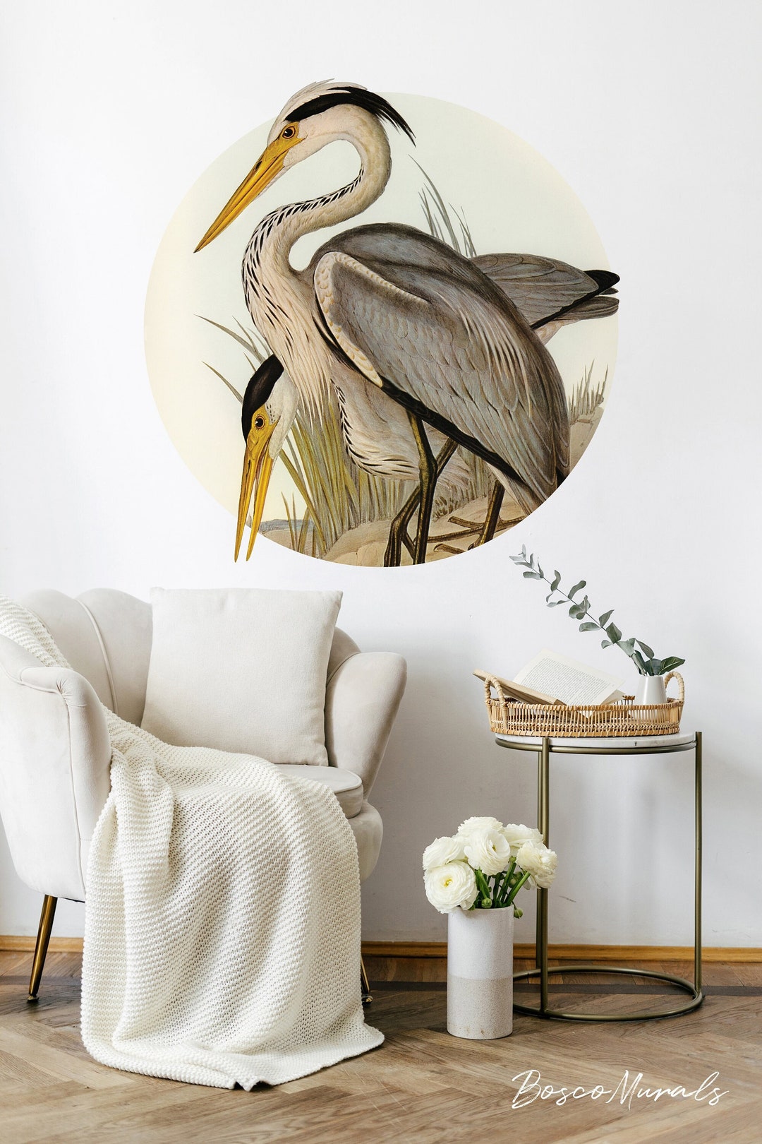 Vintage Cranes Round Wall Decal, Circle Wall Sticker With a Japanese ...