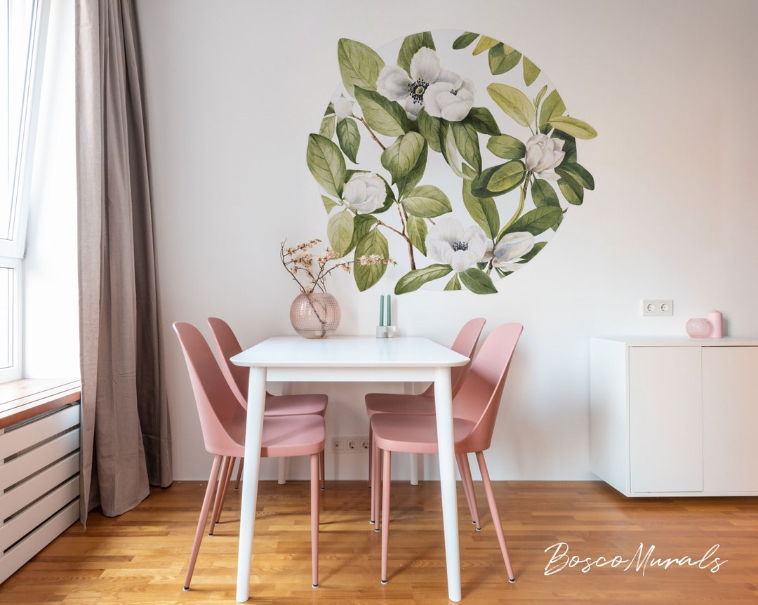 Glamour Magnolia Light Circle Wall Decal, Peel and Stick Botanical 3D ...