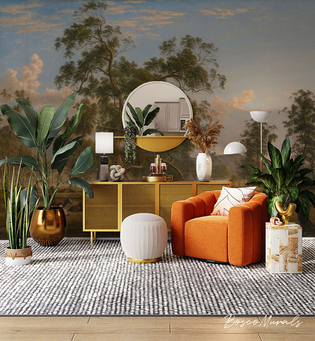Village Scenery Vintage Landscape Wallpaper for Retro Decor, Temporary ...