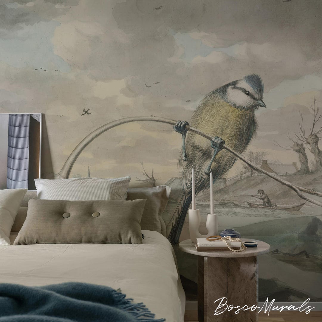 Vintage Winter Bird Wallpaper, Songbird Landscape Mural, Gijsbertus ...