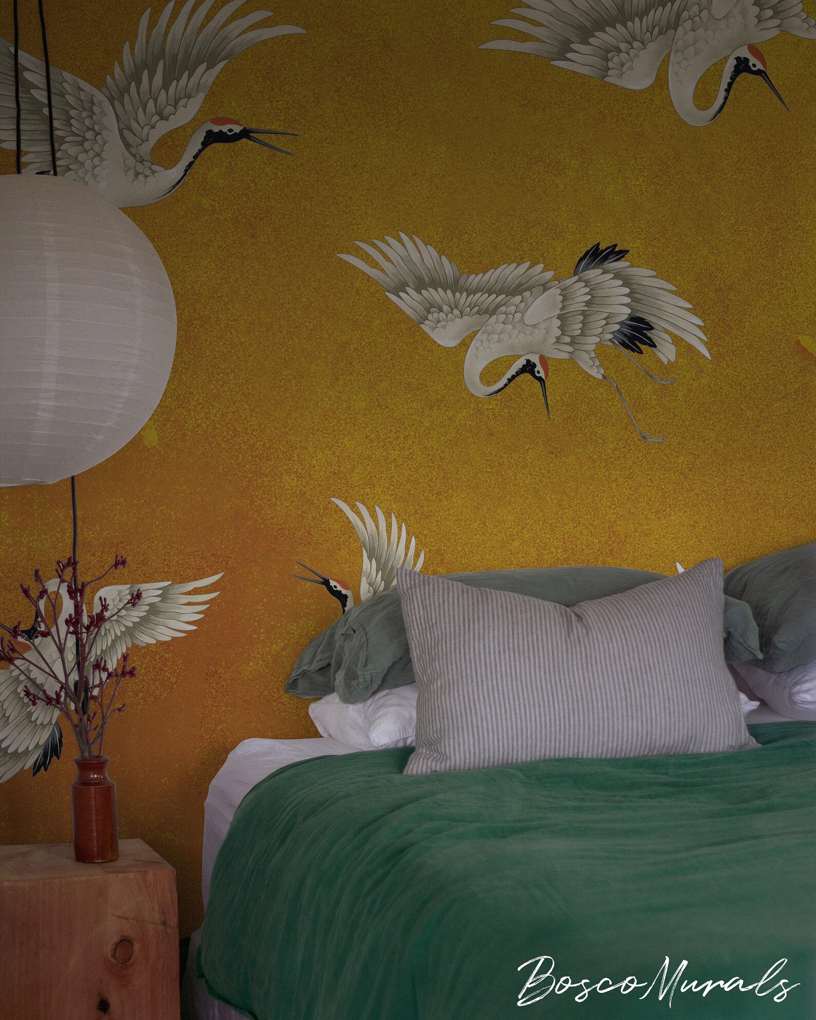 Mustard Dancing Cranes in Japanese Vintage Style Wallpaper, Chinese ...