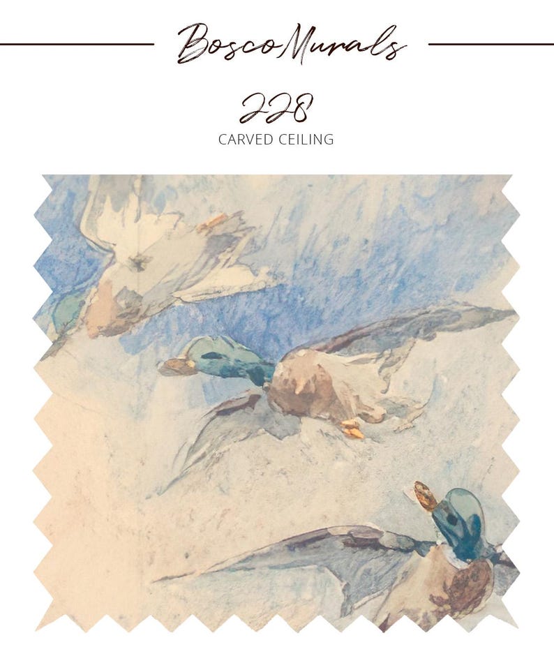 Vintage Ceiling Mural, Carved and Painted Ceiling With Clouds and Ducks ...