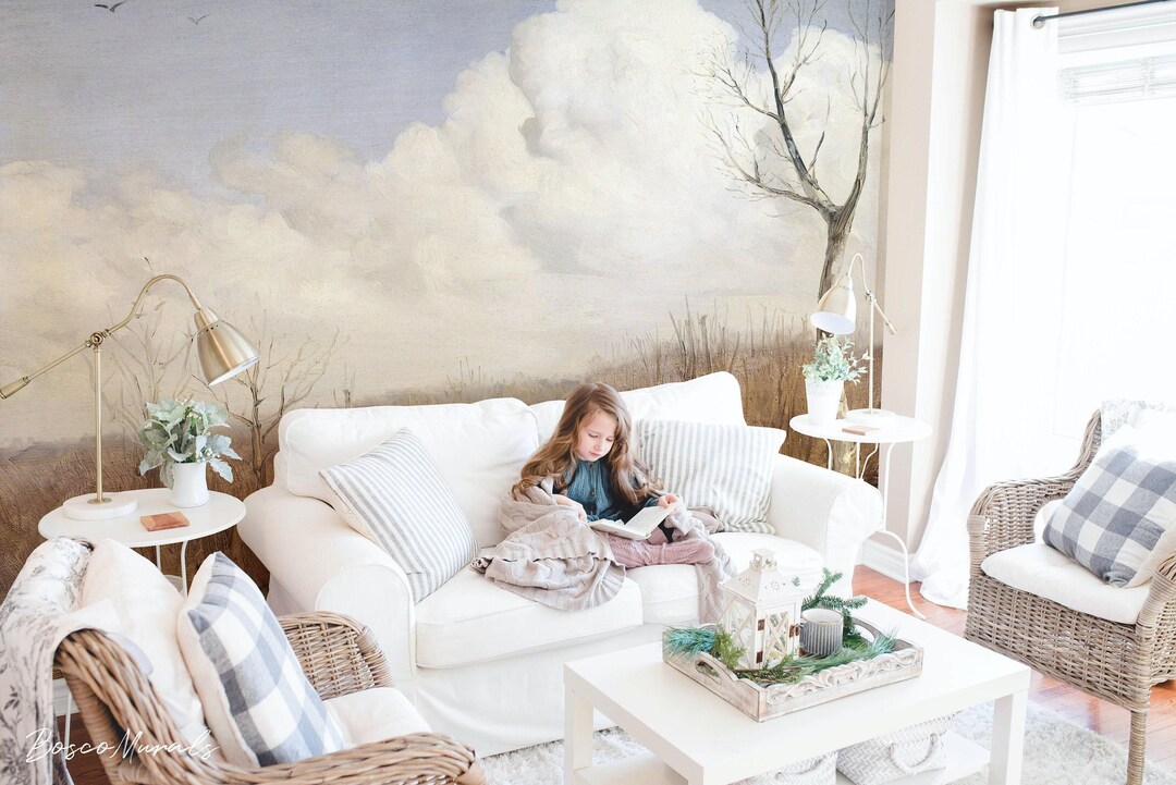 Rustic Landscape Wallpaper, Cloudy Wallpaper, Muted Earthy Tones Wall ...