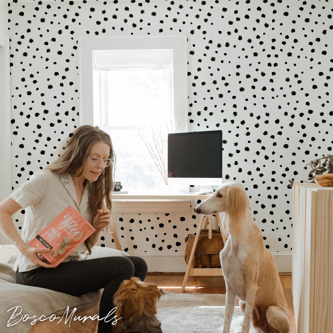 Black Brushstroke Spots Wallpaper, Modern Polka Dot Wallpaper, Hand ...