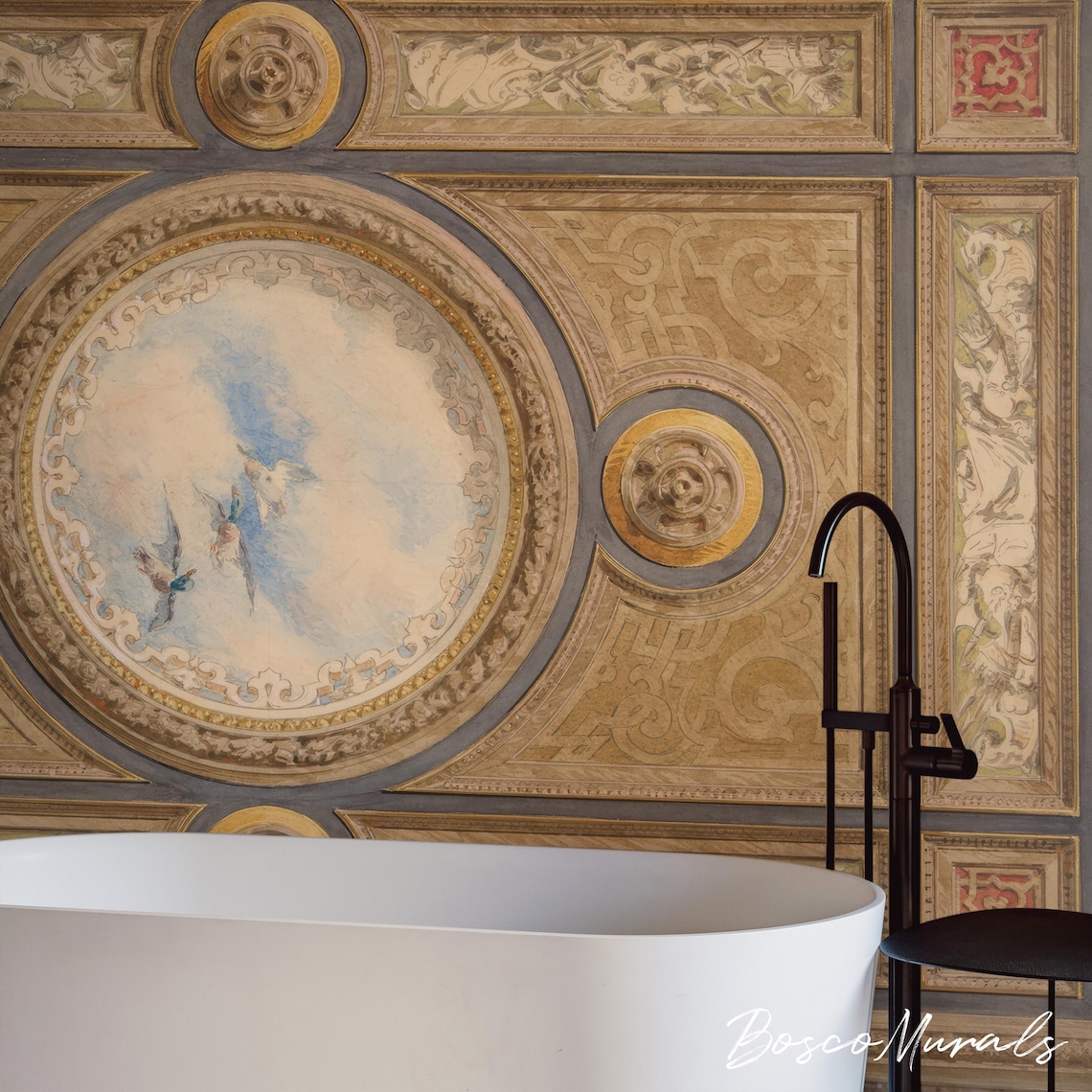 Vintage Ceiling Mural, Carved and Painted Ceiling With Clouds and Ducks ...