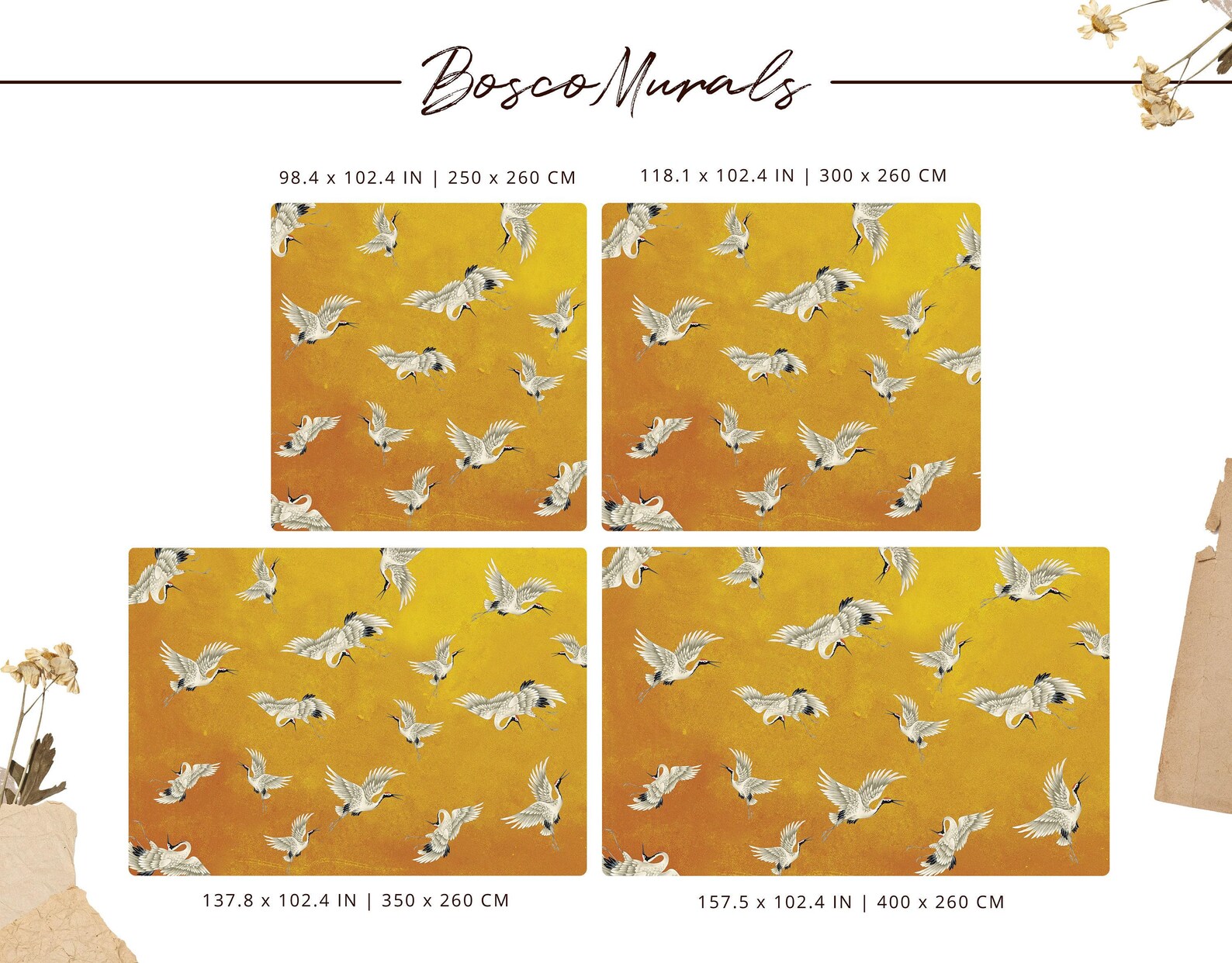 Mustard Dancing Cranes in Japanese Vintage Style Wallpaper, Chinese ...