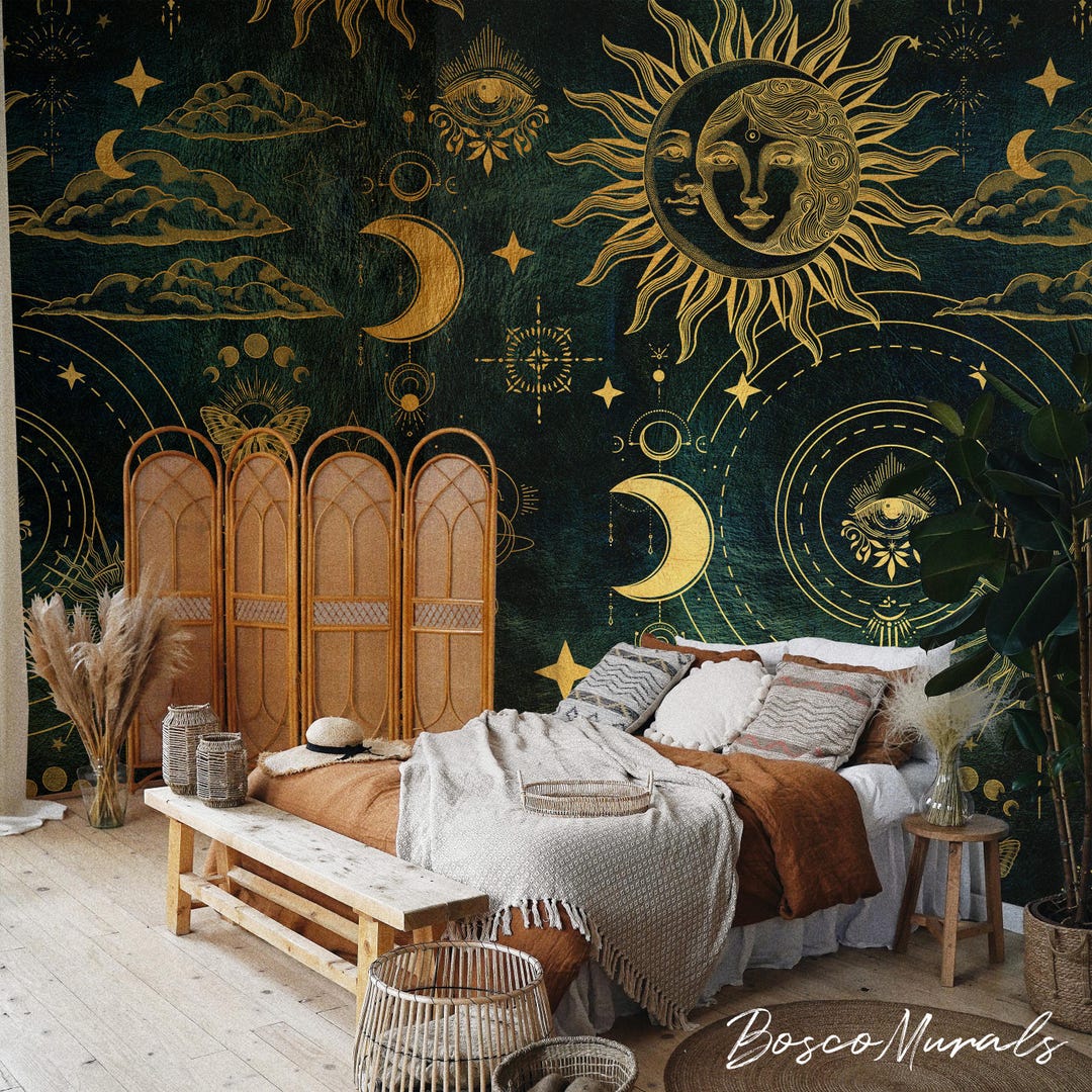Mystical Celestial Wallpaper, Gold Sun and Moon Mural, Cosmic Astrology ...