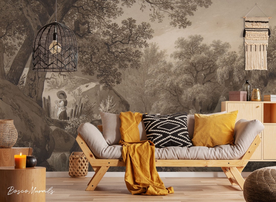 Sepia Forest Landscape Wallpaper for Woodland-themed Nursery, Peel and ...