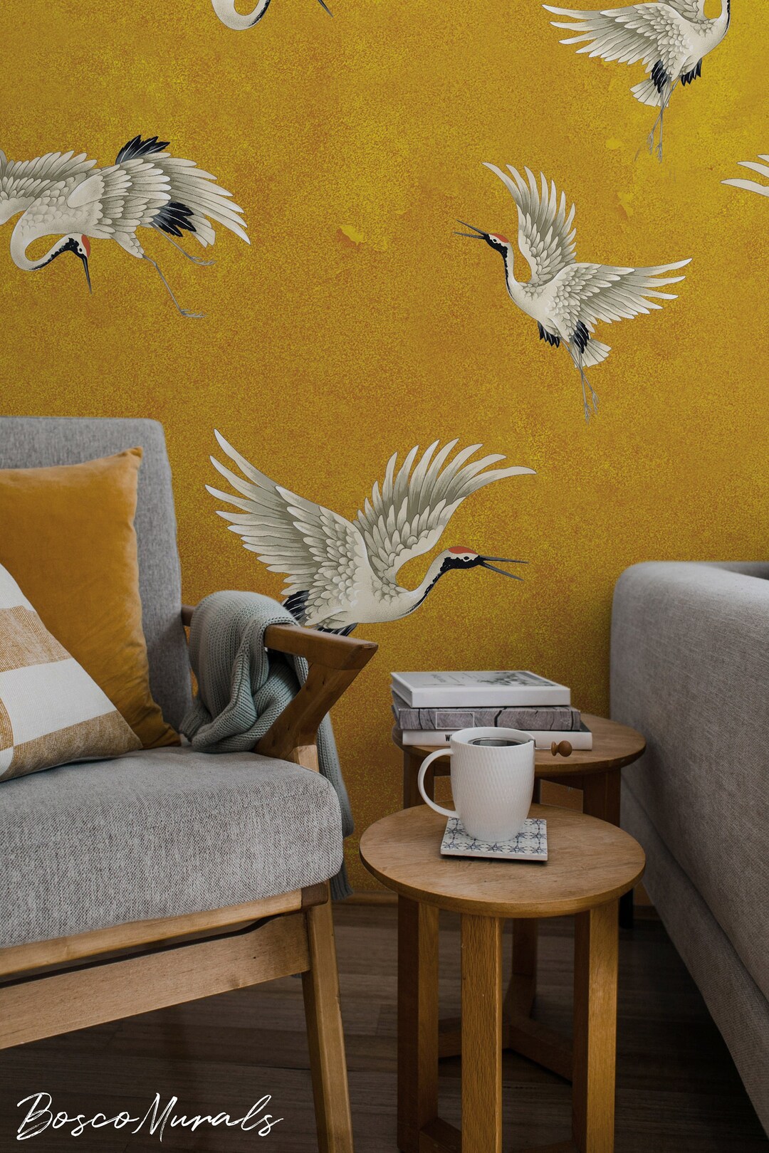 Mustard Dancing Cranes in Japanese Vintage Style Wallpaper, Chinese ...