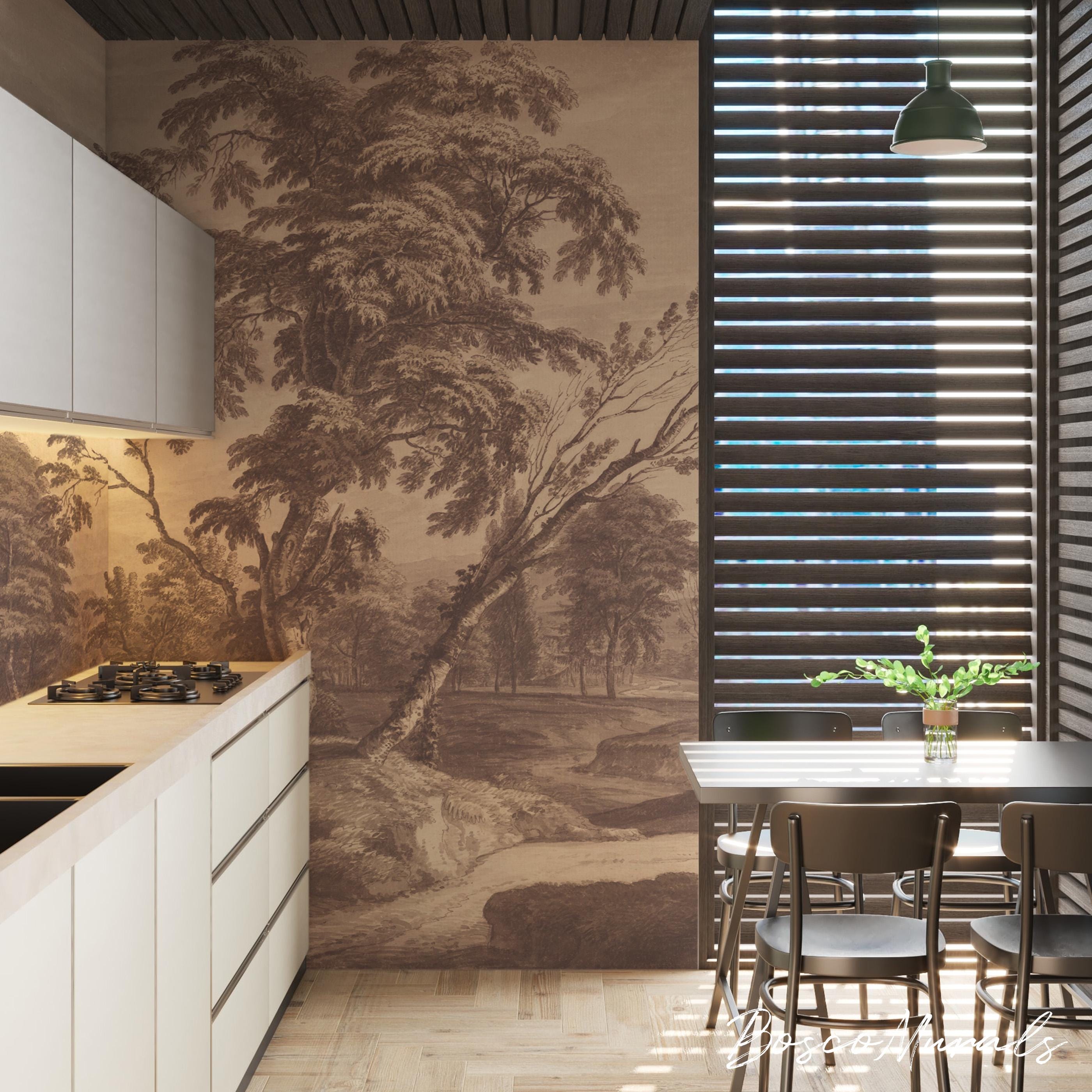 Sepia Trees Mural, Melancholy Panoramic Wallpaper - Modern and ...