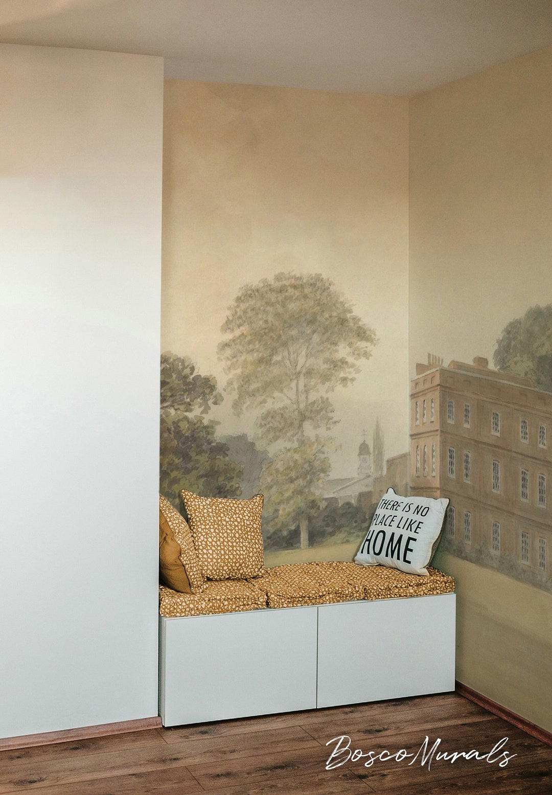 Vintage Tree Wallpaper, Building in Garden, Peel and Stick Wall Mural ...