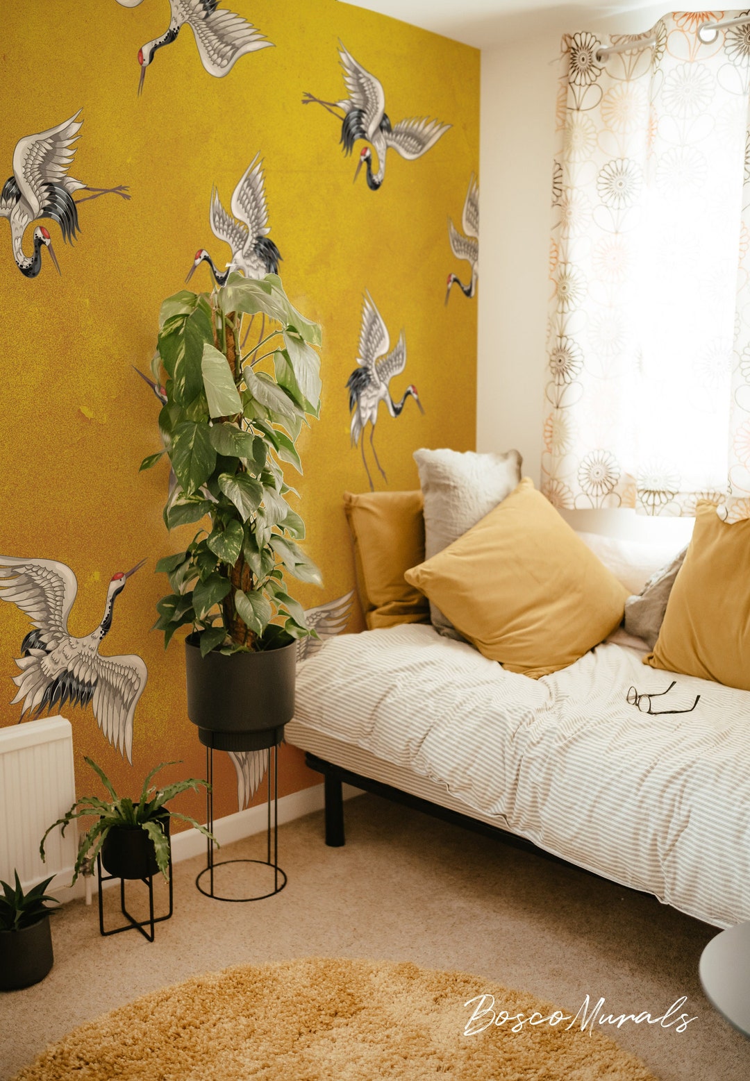 Mustard Dancing Cranes in Japanese Vintage Style Wallpaper, Chinese ...