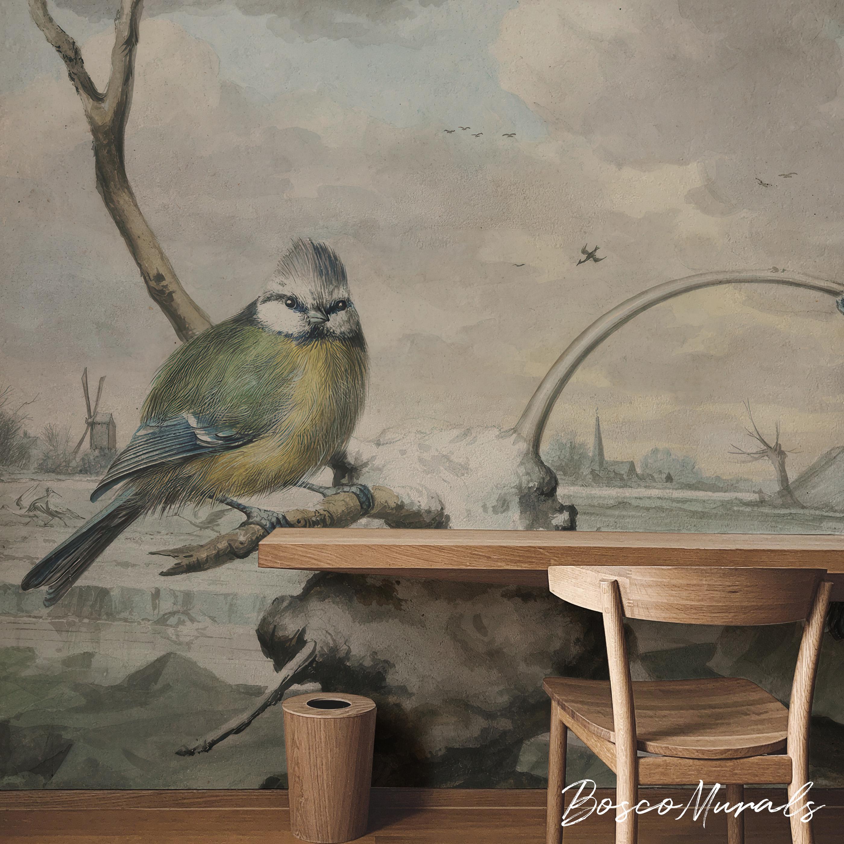 Vintage Winter Bird Wallpaper, Songbird Landscape Mural, Gijsbertus ...