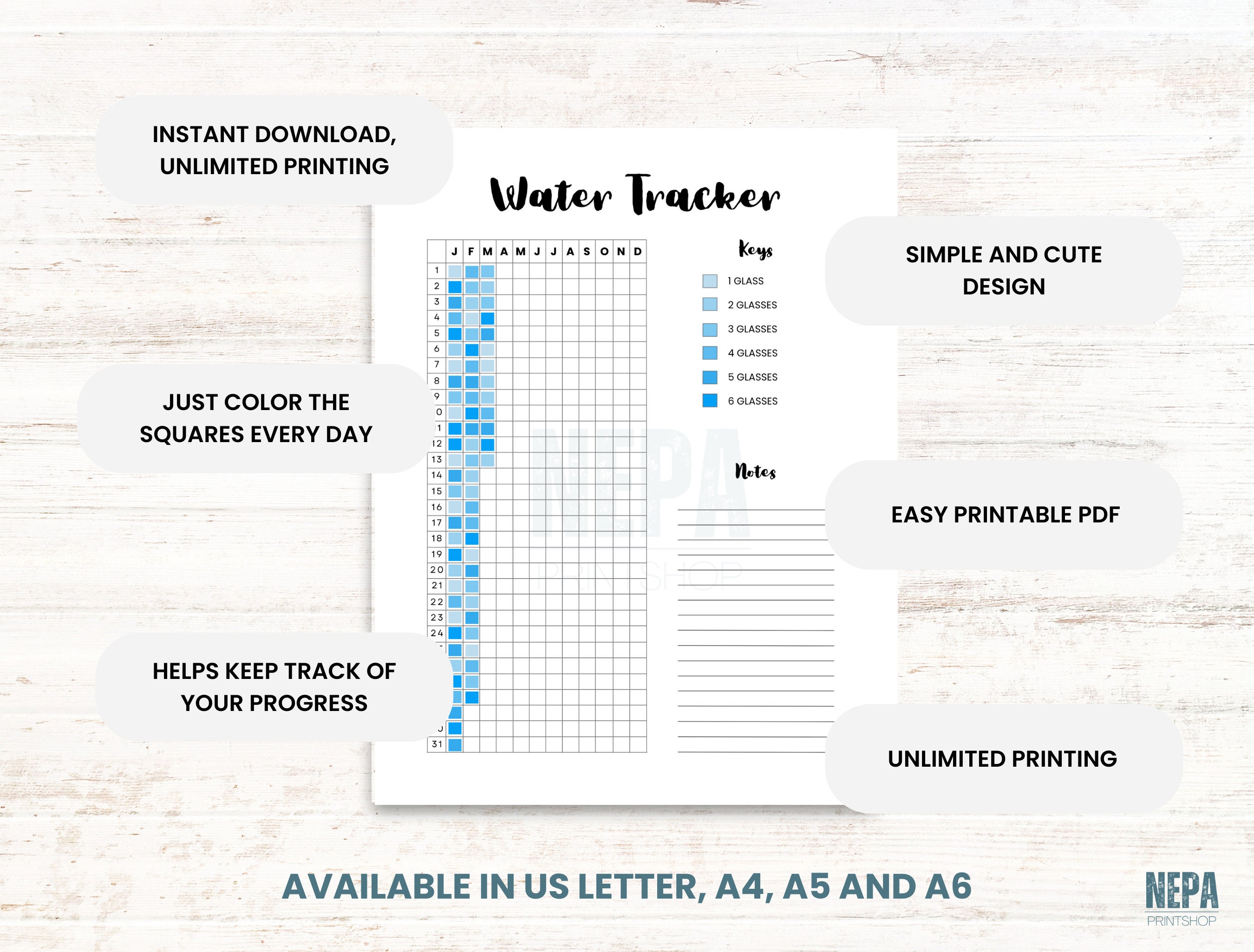 Printable Water Intake Tracker, Water Log, Journal Page, Daily Habit ...