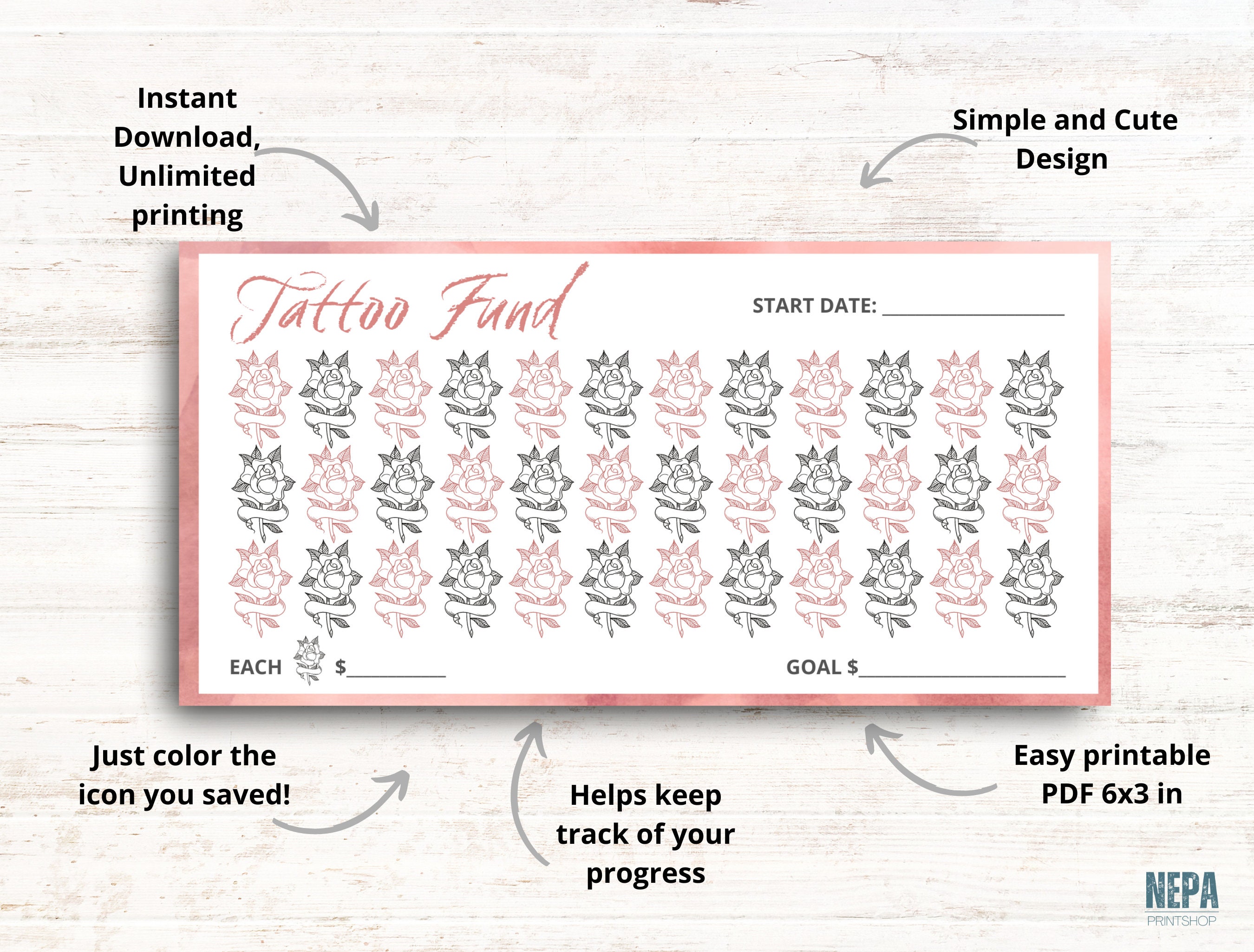 Printable Tattoo Fund Savings Challenge for A6 Budget Binder, Printable ...