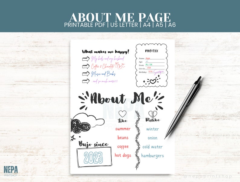 Printable About Me Page, Bullet Journal About Me Page, Journal Page ...