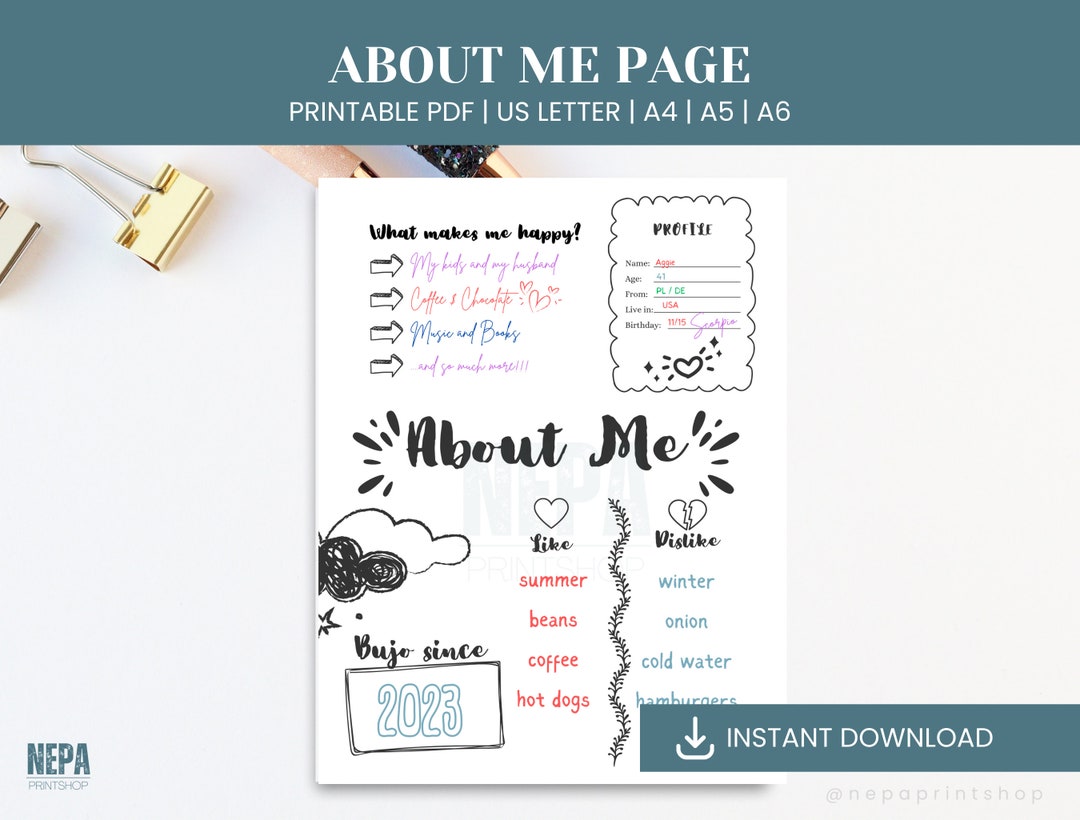 Printable About Me Page, Bullet Journal About Me Page, Journal Page ...