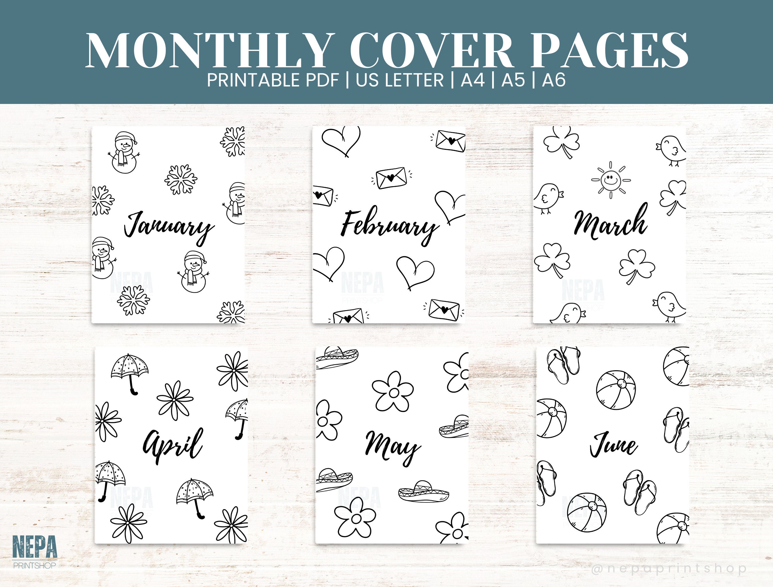 Printable 12 Monthly Cover Pages, Bullet Journal Covers, Journal Page ...