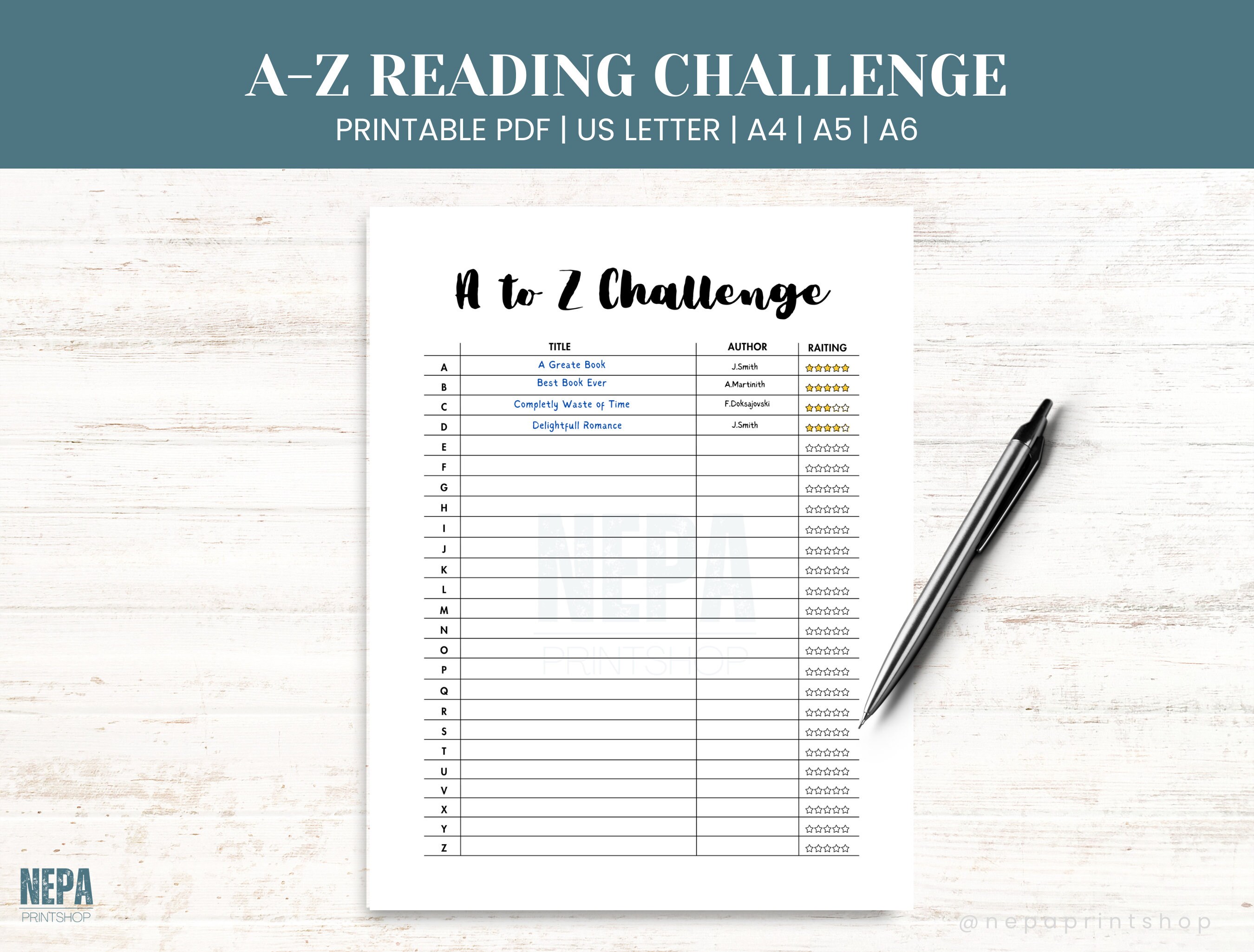 Printable A-Z Reading Challenge, Reading Journal, Reading Tracker Kids ...