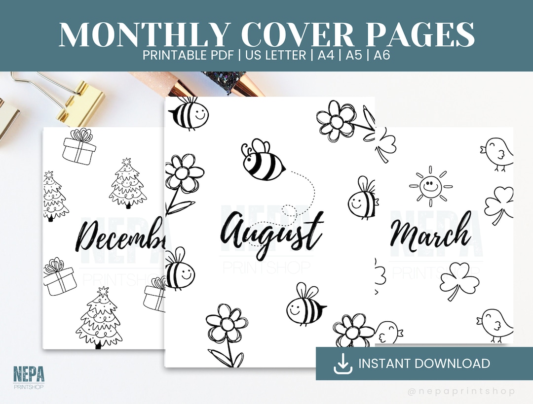 Printable 12 Monthly Cover Pages, Bullet Journal Covers, Journal Page ...